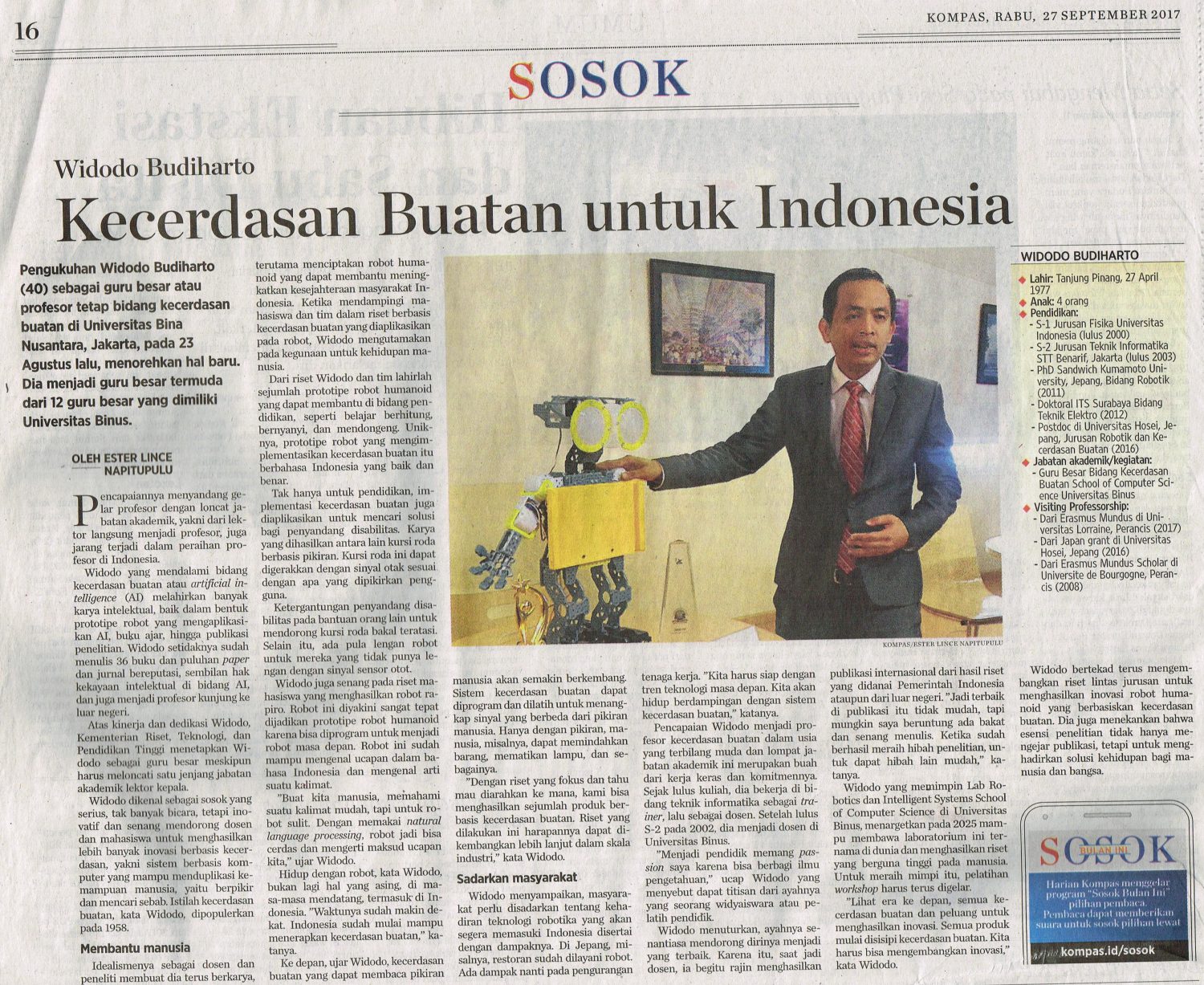 Widodo Budiharto Kecerdasan Buatan Untuk Indonesia Kompas 27 September