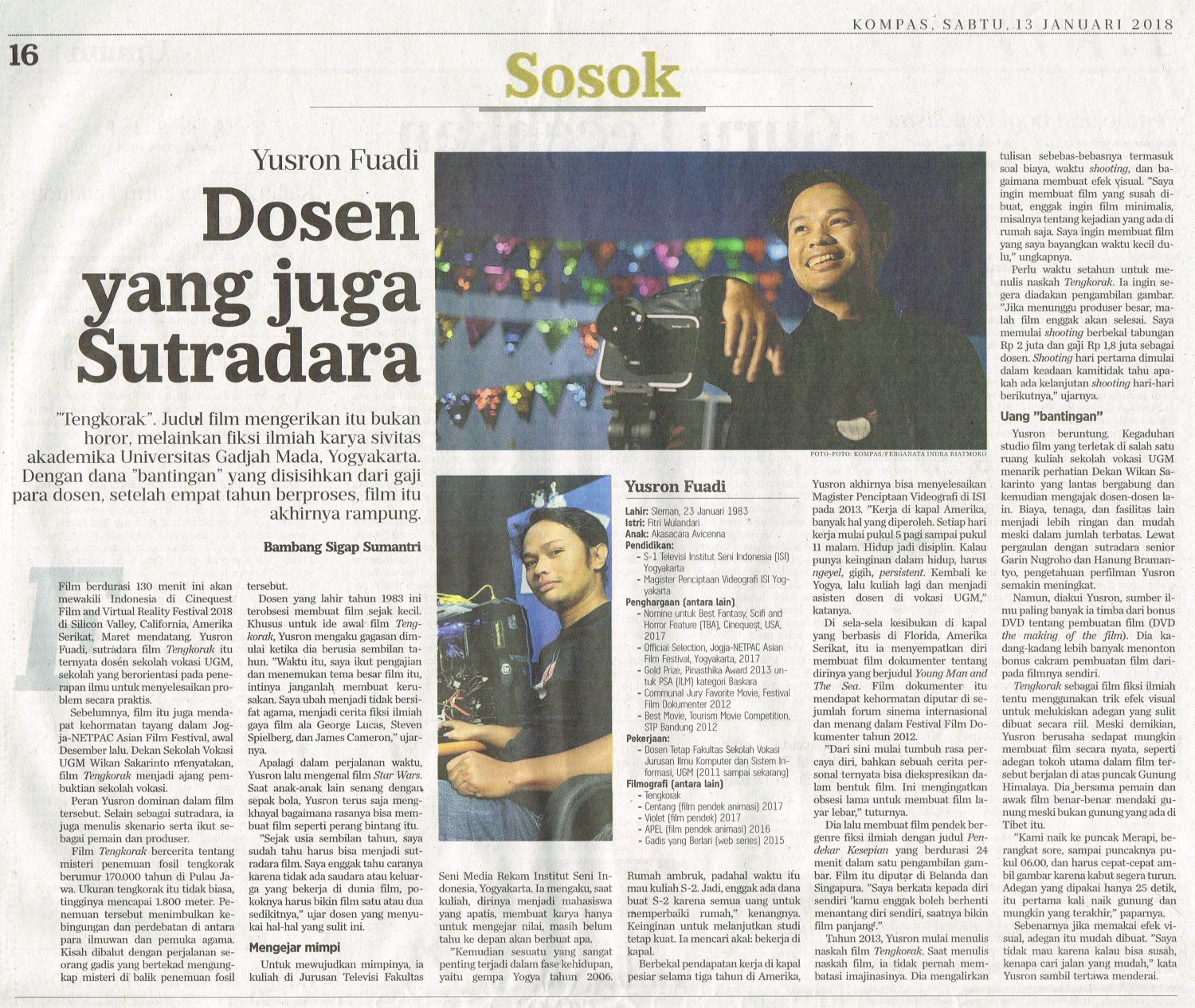 Yusron Fuadi_Dosen yang juga Sutradara.Kompas.13 Januari 2018.Hal.16 ...