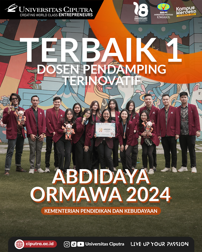 Terbaik 1 Dosen Pendamping Terinovatif Abdidaya Ormawa 2024 - Universitas Ciputra